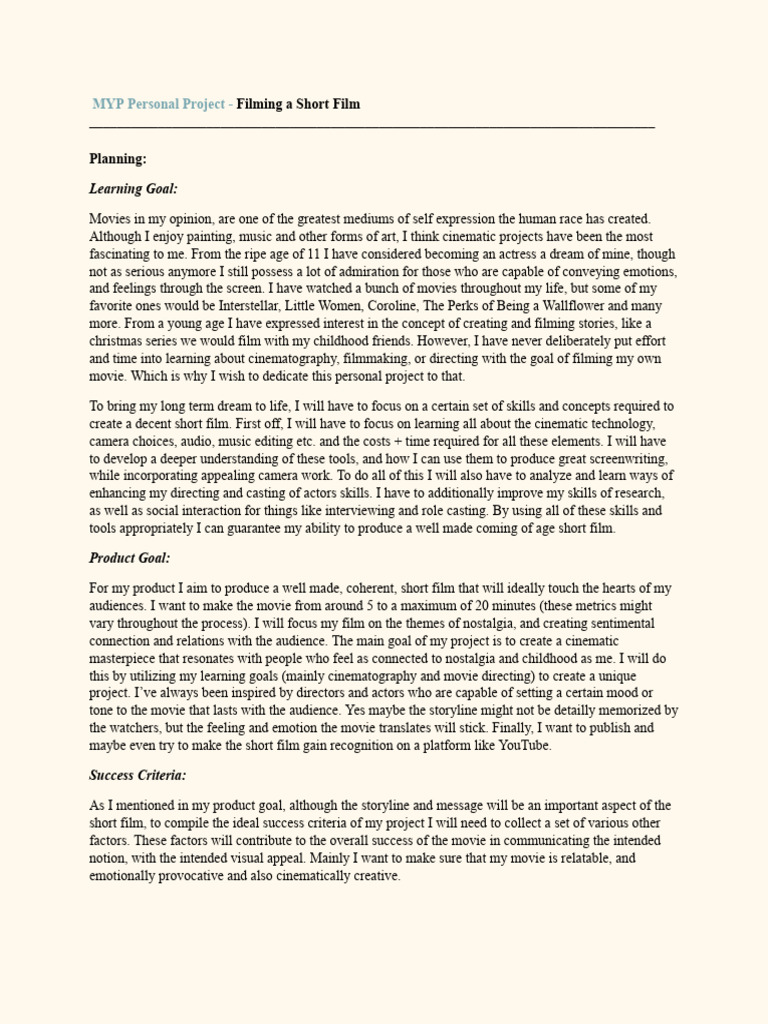 MYP Personal Project - Filming a Short Film | PDF | Cinematography ...