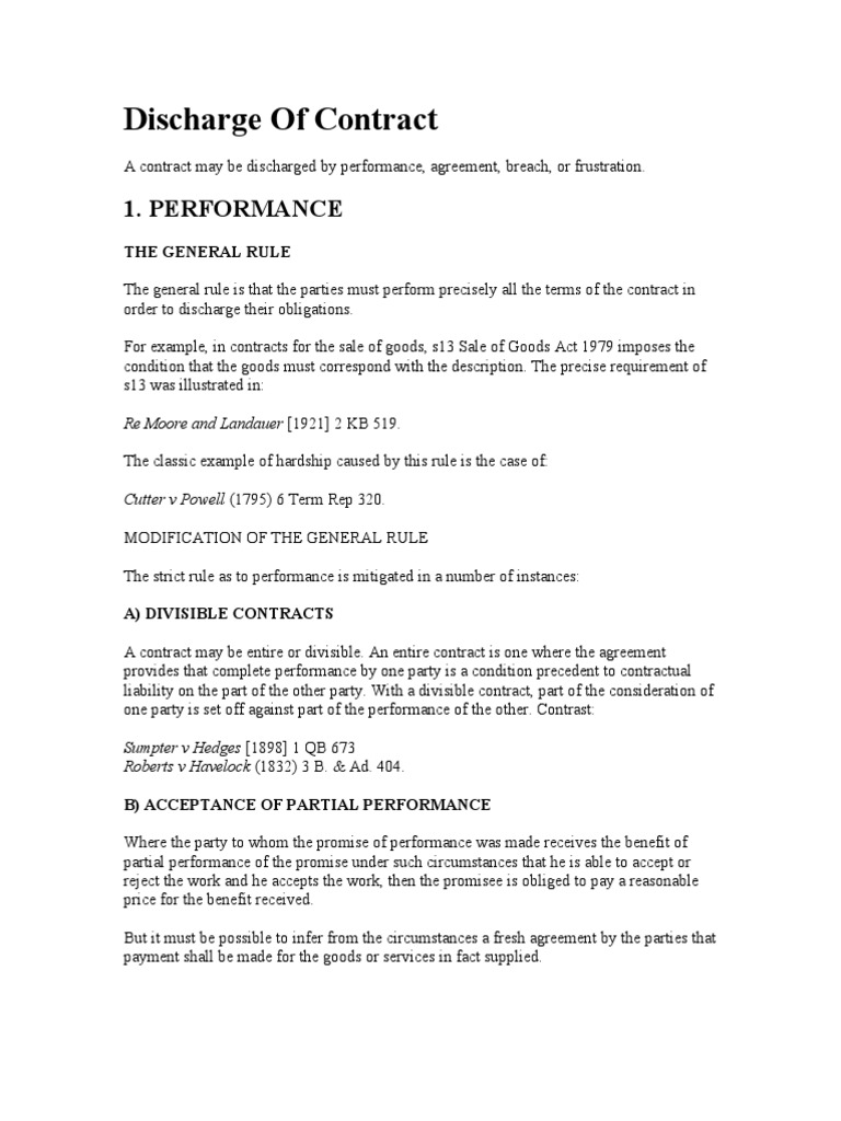 Discharge of Contract by Performance | PDF | Breach Of Contract ...