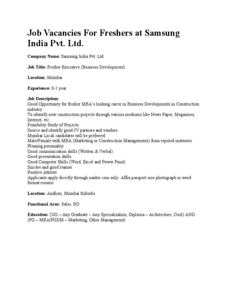 Job Vacancies For Freshers at Samsung India Pvt. LTD | PDF | Career ...