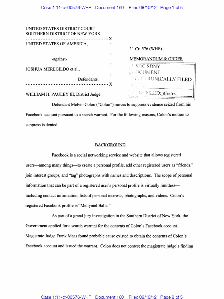Facebook Evidence Suppression Denied | PDF | Social Science | Law