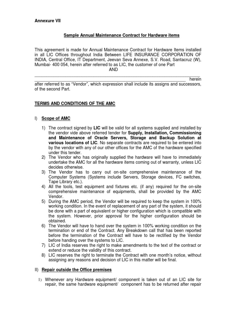 Annexure VII Sample AMC Document | Technical Support | Arbitration