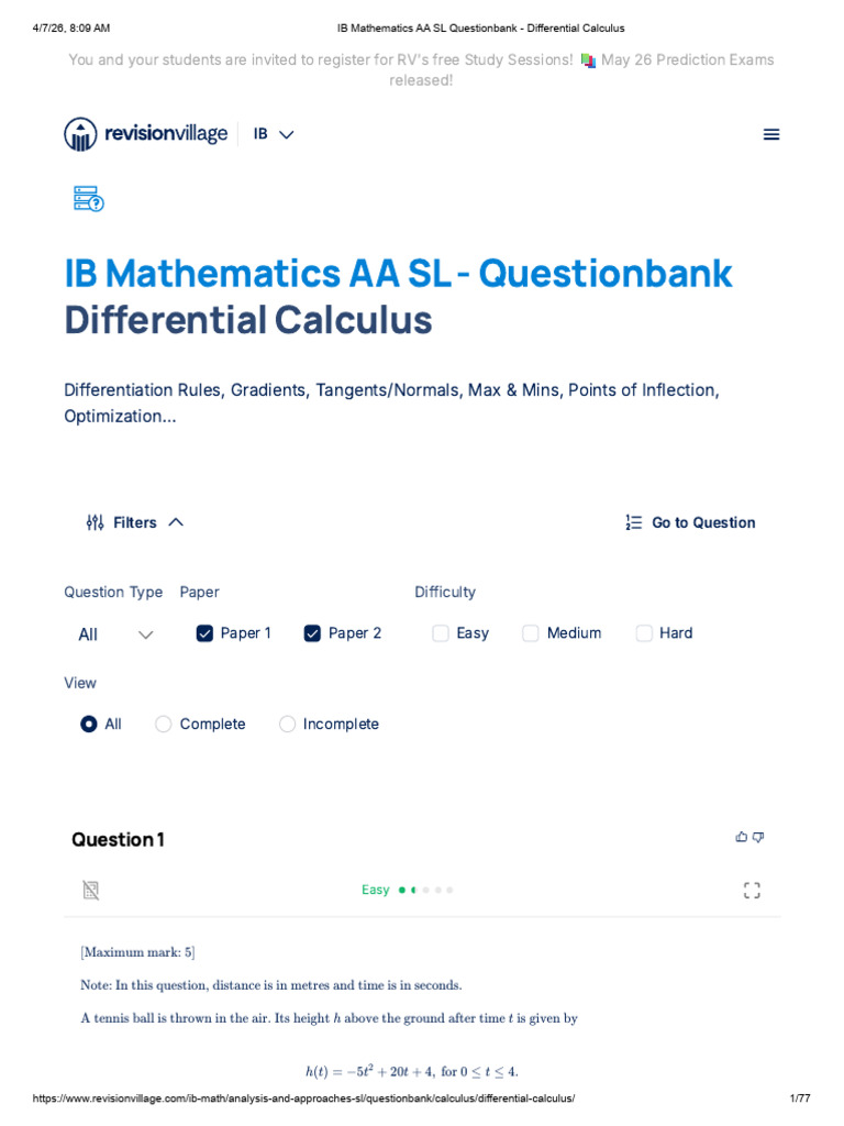IB Mathematics AA SL Questionbank - Differential Calculus | PDF ...