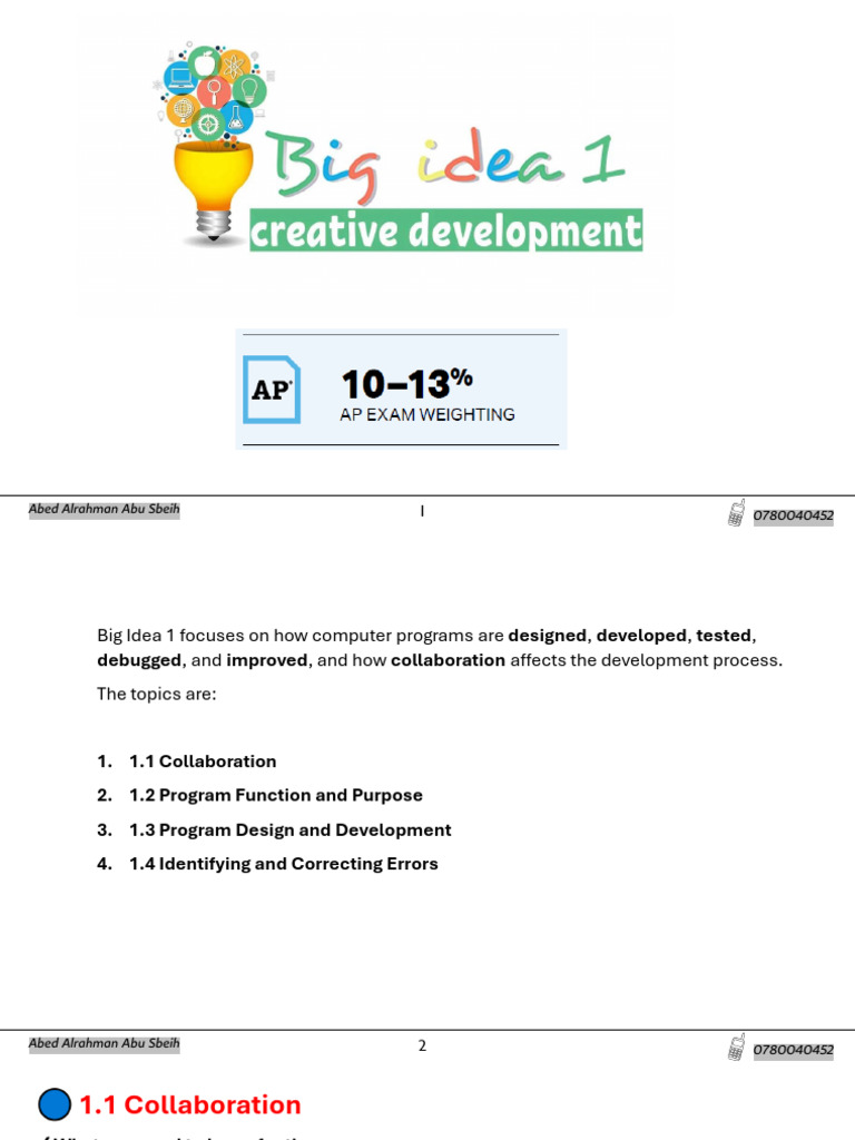 Big Idea 1 Creative Development | PDF | Programming | Computer Program