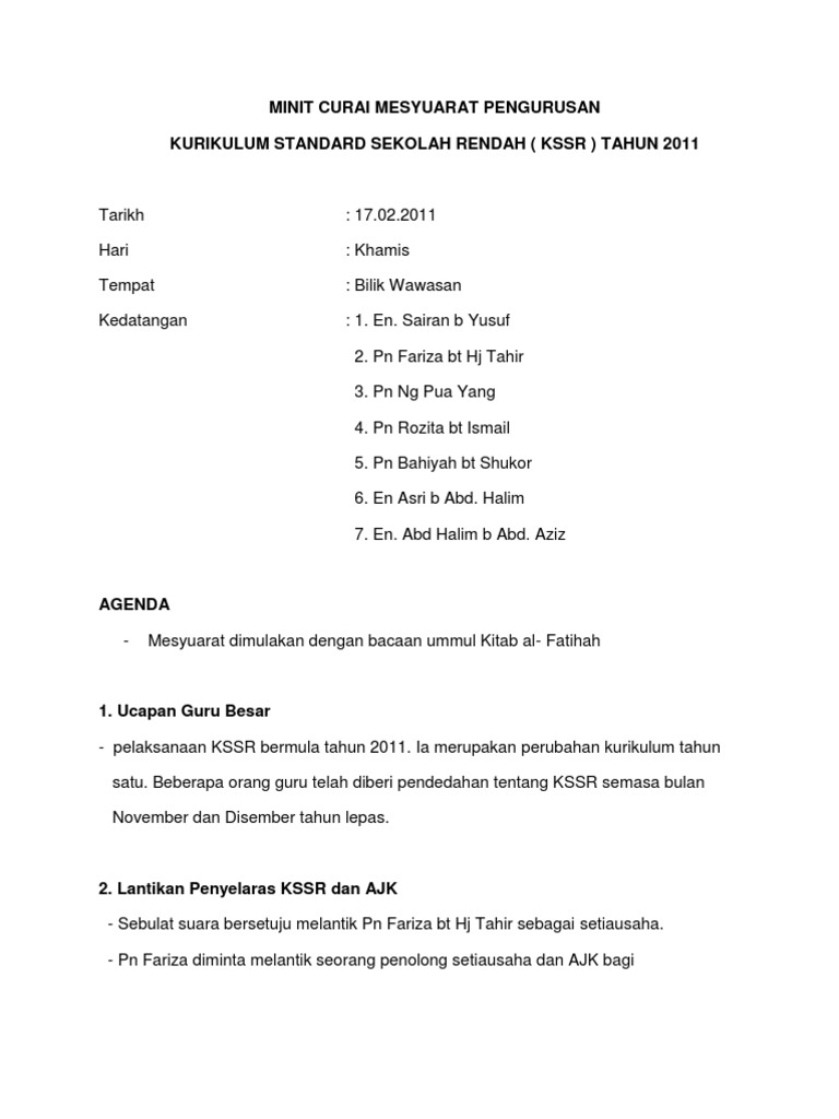 Minit Curai Mesyuarat Pengurusan KSSR | PDF
