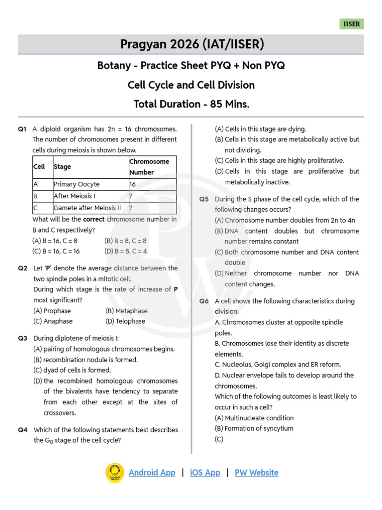 CELL CYCLE PRACTICE SHEET | PDF | Mitosis | Meiosis
