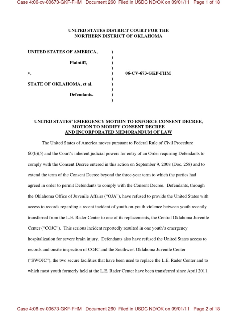 US Emergency Motion To Enforce Consent Decree, Motion To Modify ...