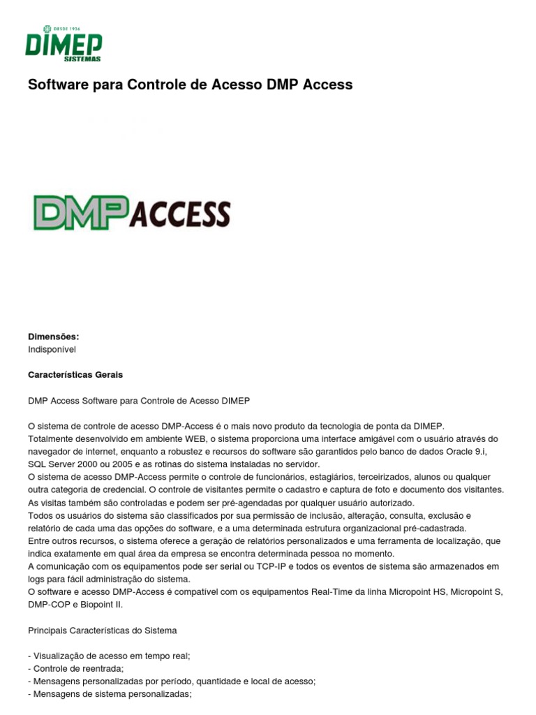DIMEP - Software para Controle de Acesso DMP Access | PDF | Microsoft ...