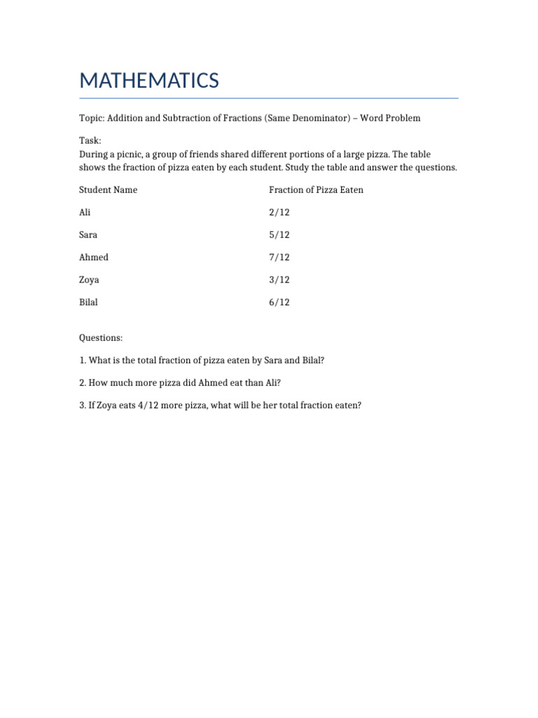 Fractions Word Problem | PDF