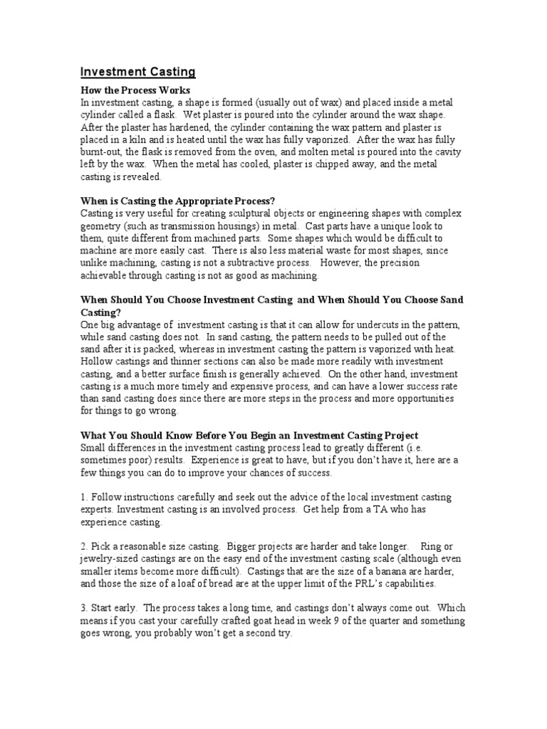 Investment Casting | PDF | Casting (Metalworking) | Plaster