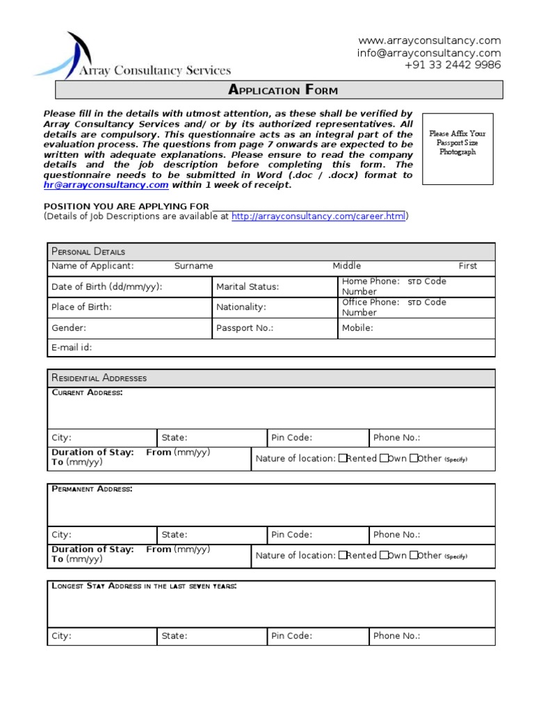 Array Consultancy Application Form | PDF | Consultant | Identity Document