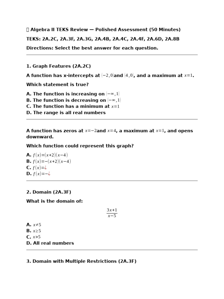 PT1 Algebra II TEKS Review Worksheet | PDF | Function (Mathematics ...