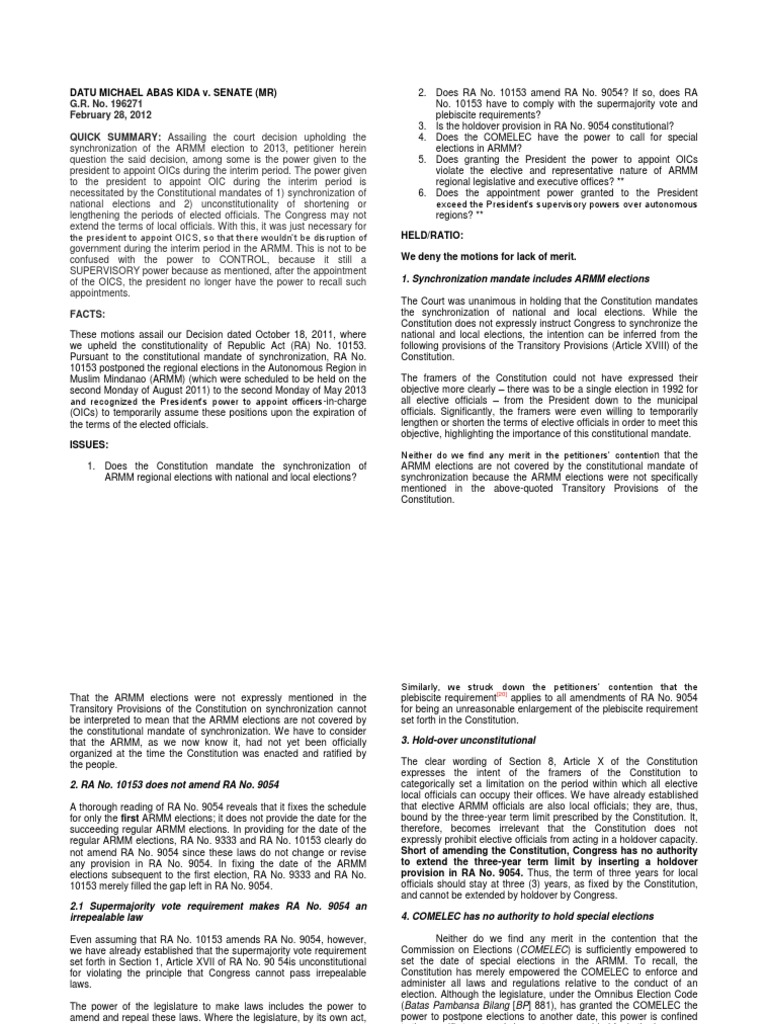 Datu Michael Abas Kida V. Senate (MR) | PDF | Presidents Of The United ...