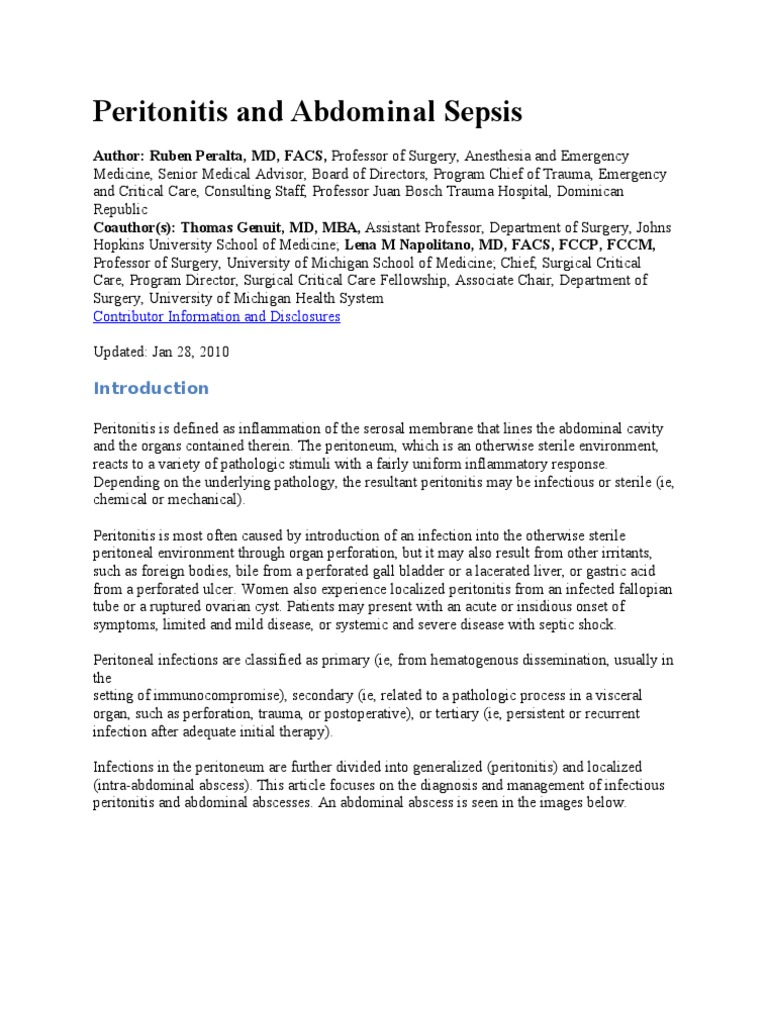 Peritonitis and Abdominal Sepsis | PDF | Infection | Abdomen