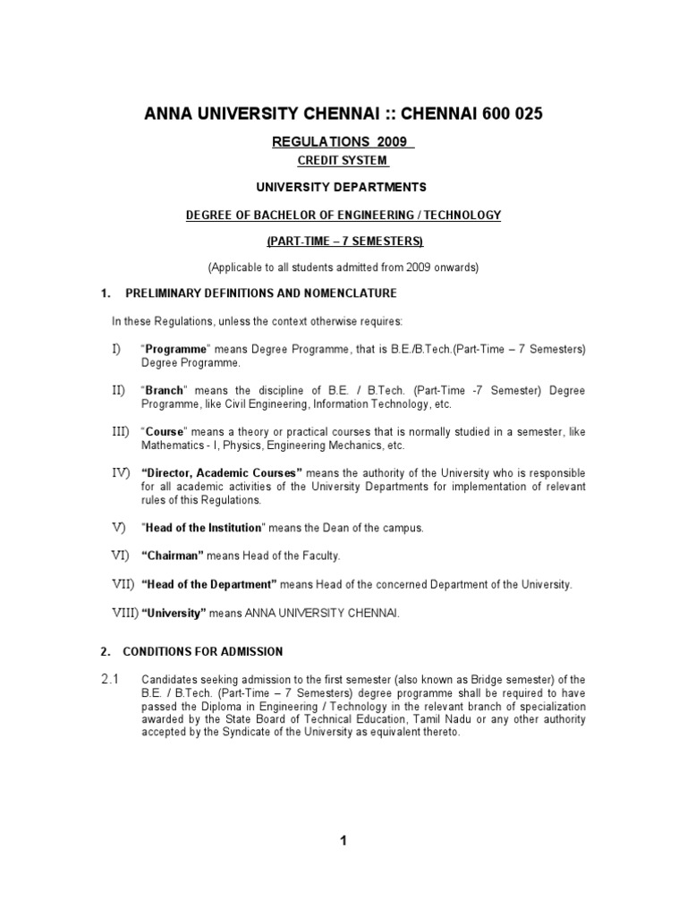 Anna University Chennai:: Chennai 600 025: Regulations 2009 | PDF ...