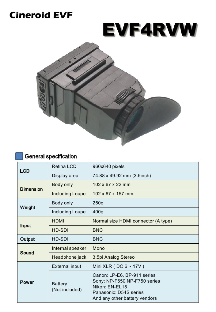 Cineroid EVF4RVW Specifications | PDF | Hdmi | Electronic Engineering