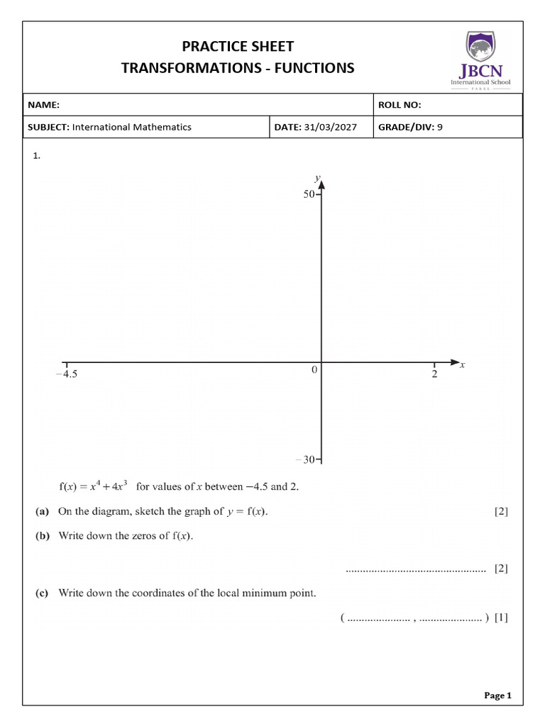 Functions - Transformations Practice Sheet | PDF