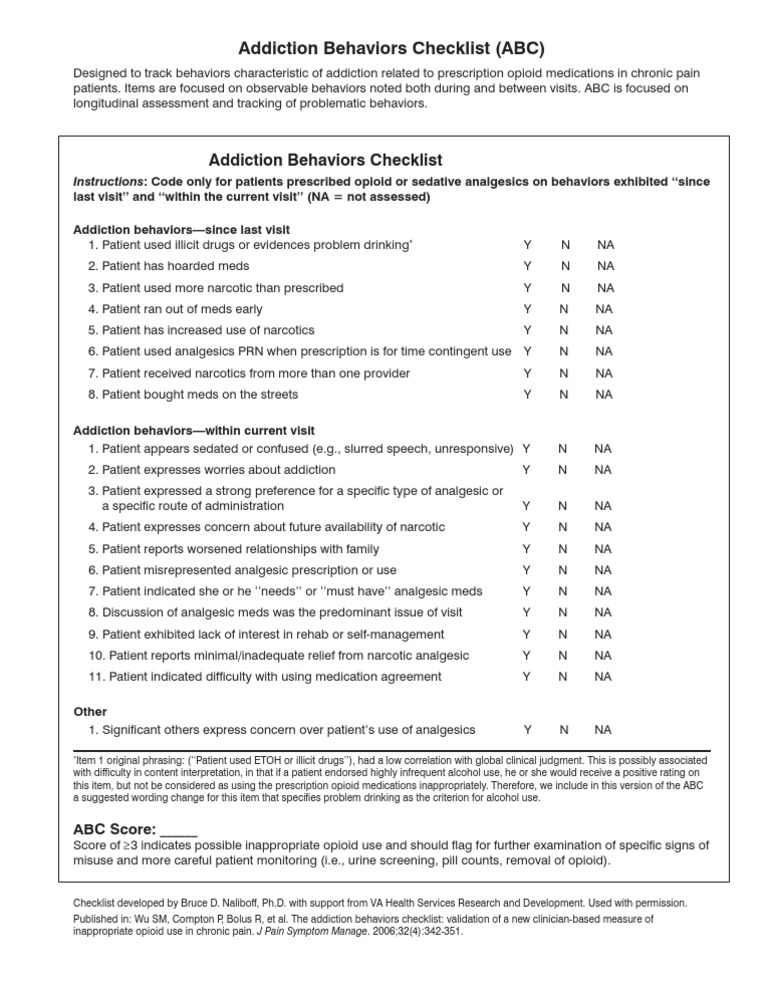 Addiction Behaviors Checklist for Opioids | PDF