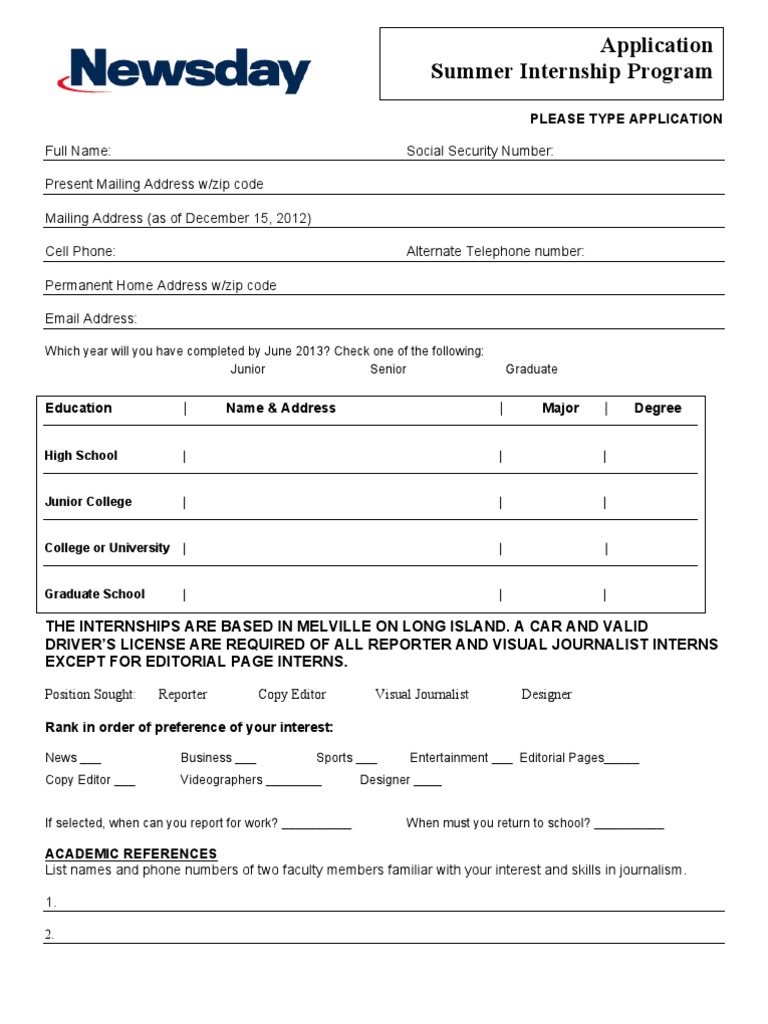 Summer Internship Application | PDF | Internship | Job Hunting