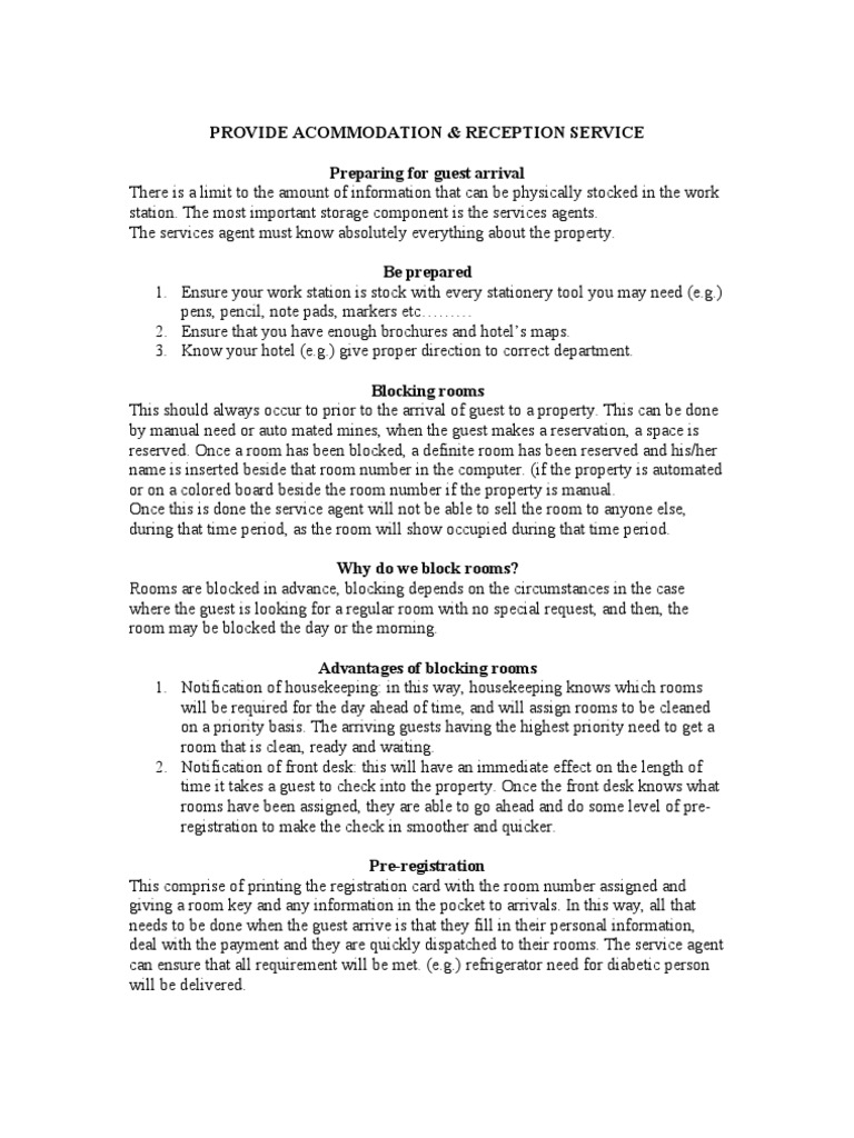 Provide Acommodation & Reception Service Preparing For Guest Arrival ...