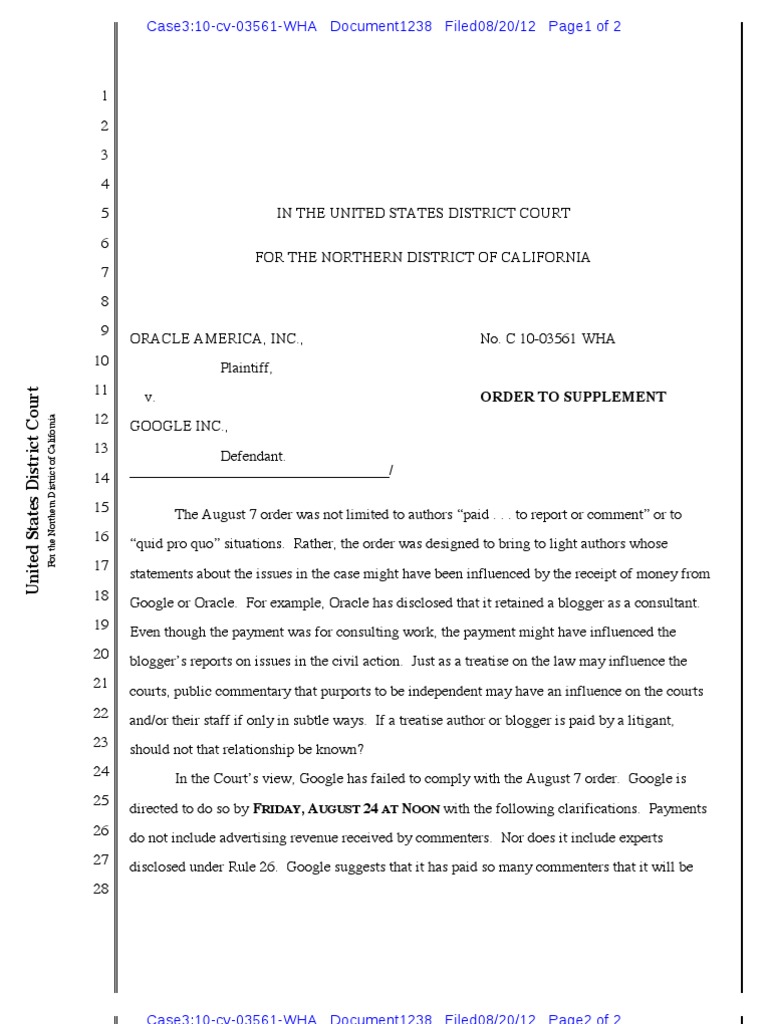 Google V Oracle Disclosure Order | PDF | Google | Oracle Corporation