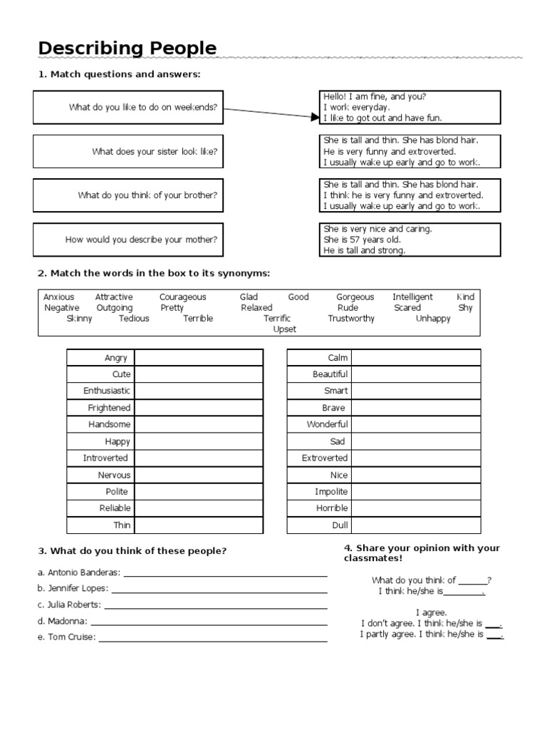 Describing People: 1. Match Questions and Answers | PDF | Extraversion And Introversion