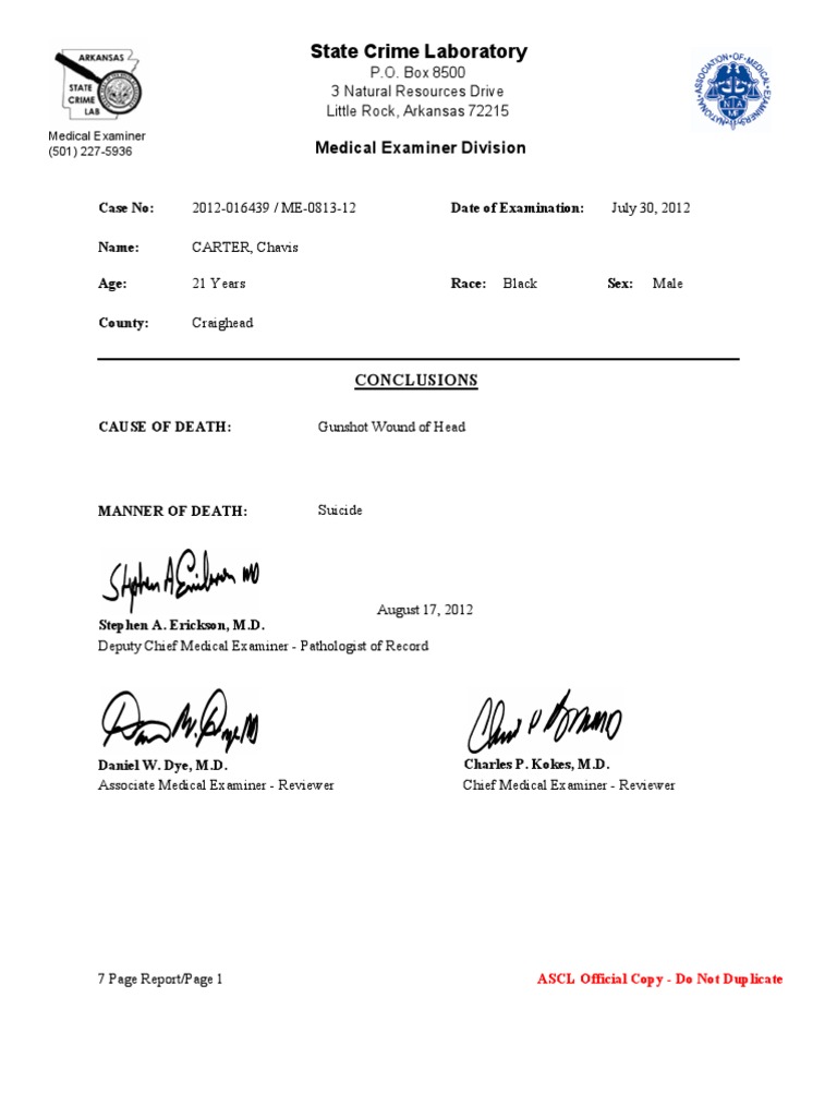 Chavis Carter Suicide Autopsy Report | PDF | Lung | Liver