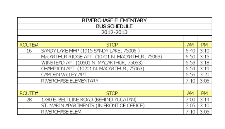 2012-2013 Bus Routes - Riverchase Elementary | PDF