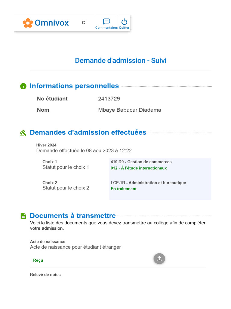 Omnivox - Demande d'Admission - Suivi | PDF