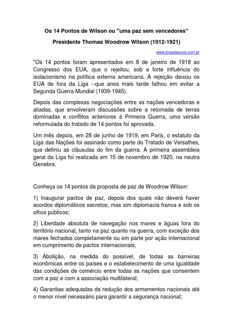 Os 14 Pontos de Wilson Ou | PDF | Os Estados Unidos | Relações ...