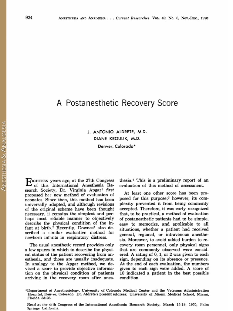 A Postanesthetic Recovery Score | Anesthesia | Surgery