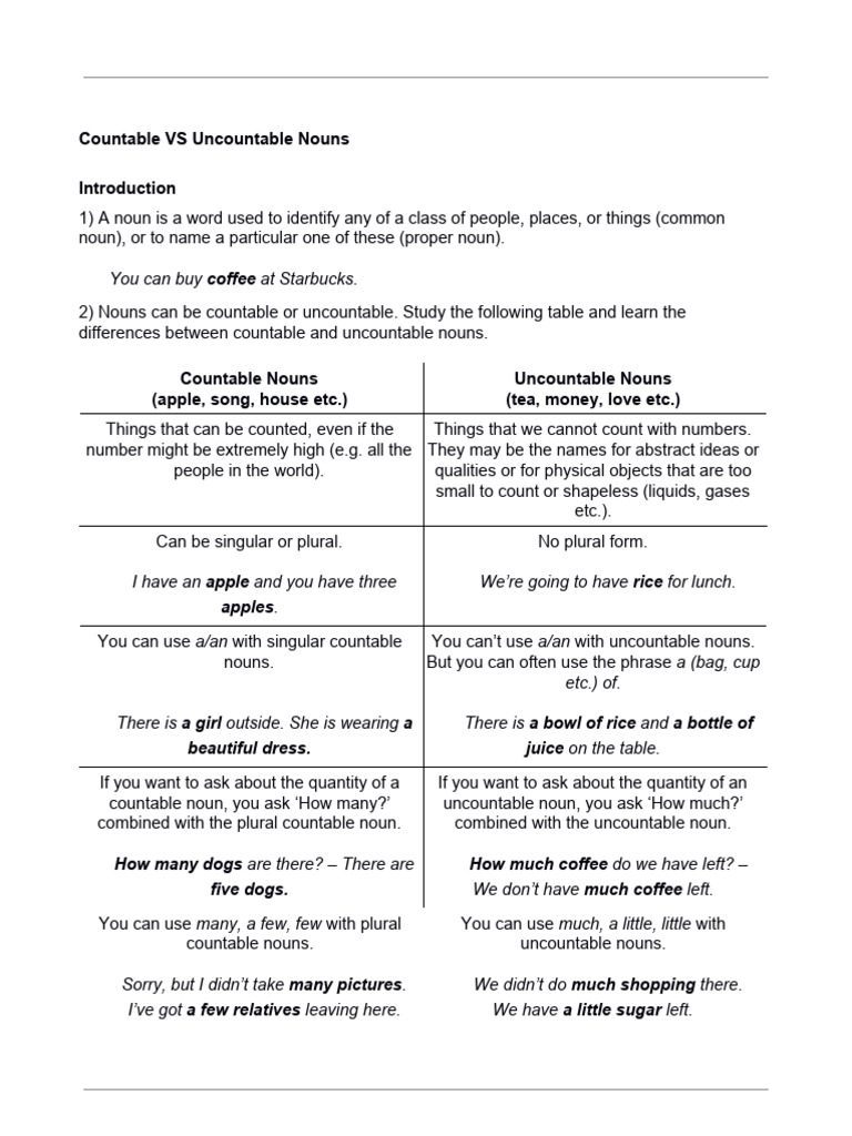 Countable vs Uncountable Nouns | PDF | Noun | Plural