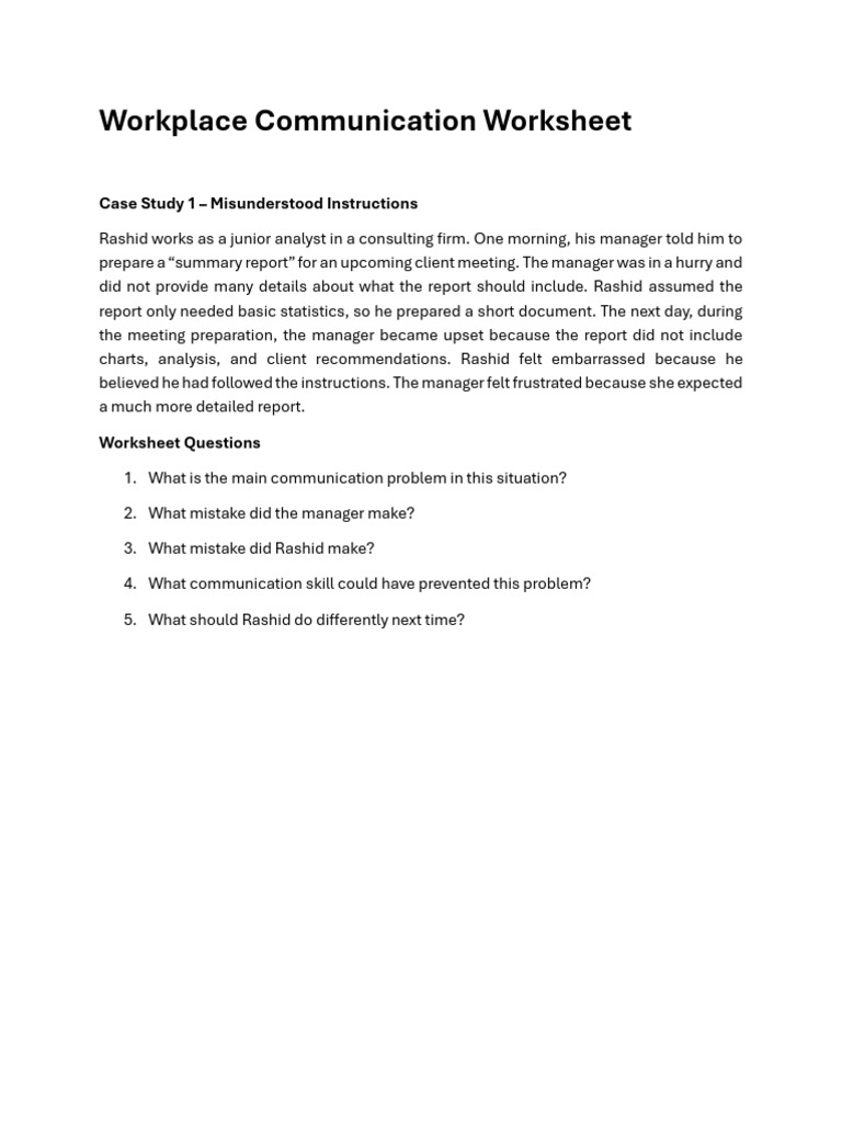 Worksheet on Workplace Communication | PDF | Communication