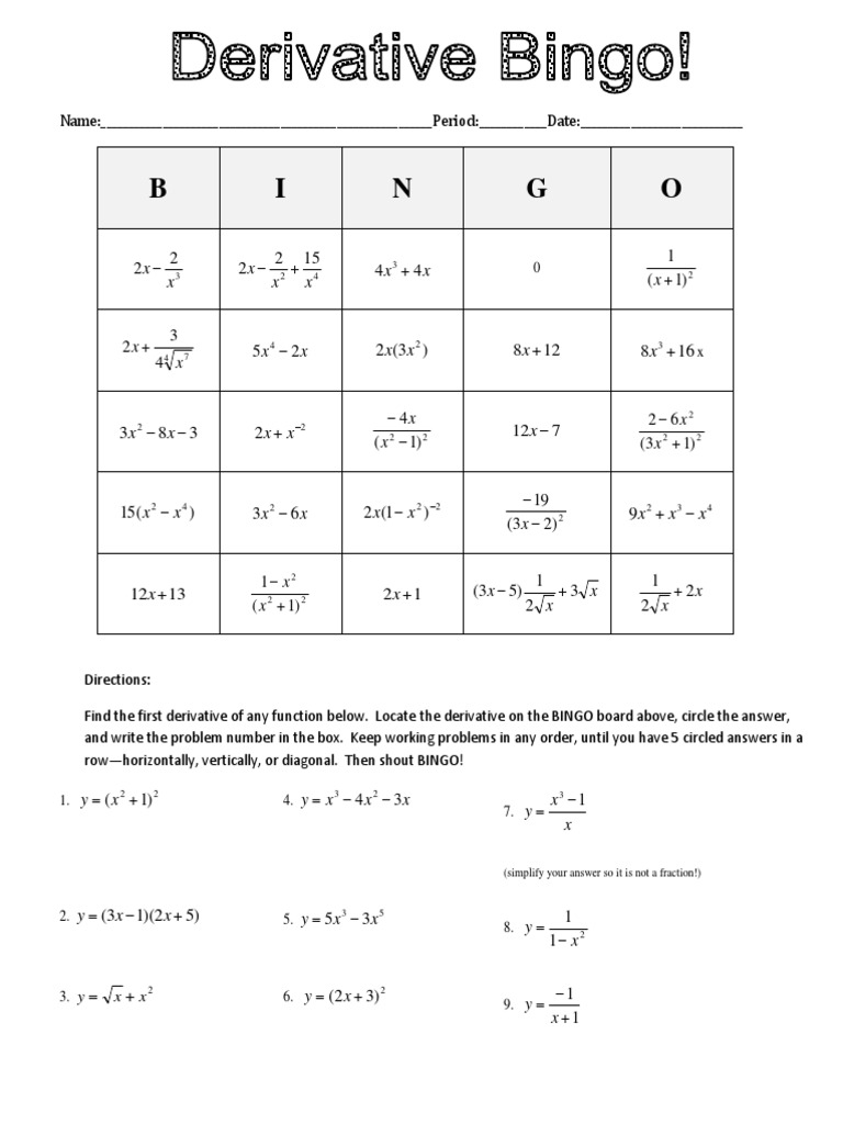 Calculating Derivatives with BINGO | PDF | Teaching Methods & Materials