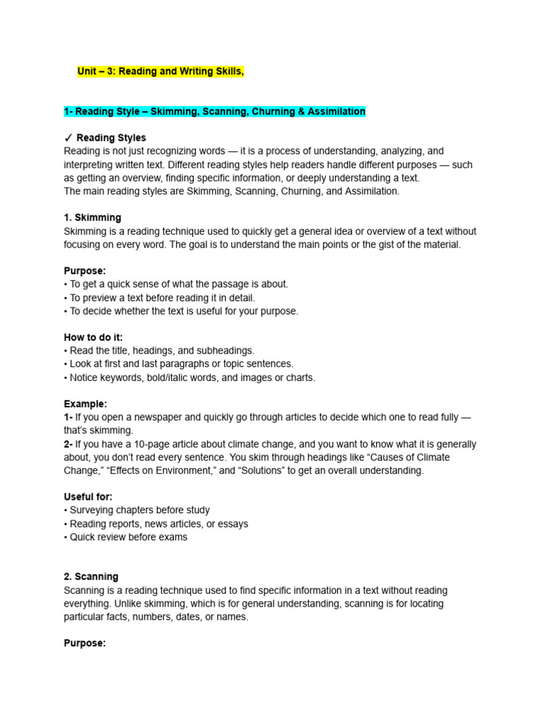 Unit-3 Reading and Writing Skills - 1 | PDF | Speed Reading | Inductive ...