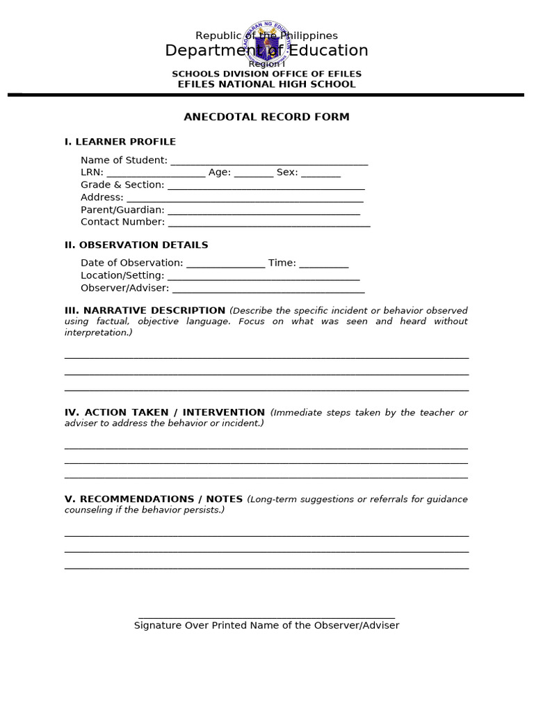 Anecdotal Record Template | PDF