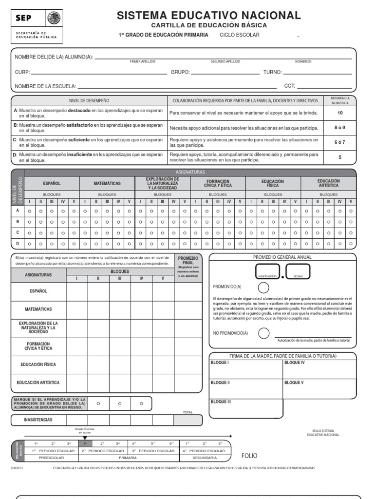 Boleta 1 Grado Primaria 2012 2013 | PDF | Educación primaria | Lectura ...