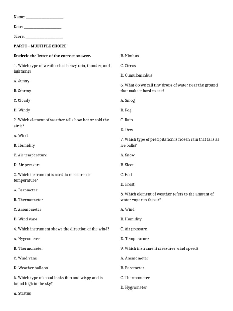 Grade 4 Science Weather Quiz | PDF | Cloud | Fog