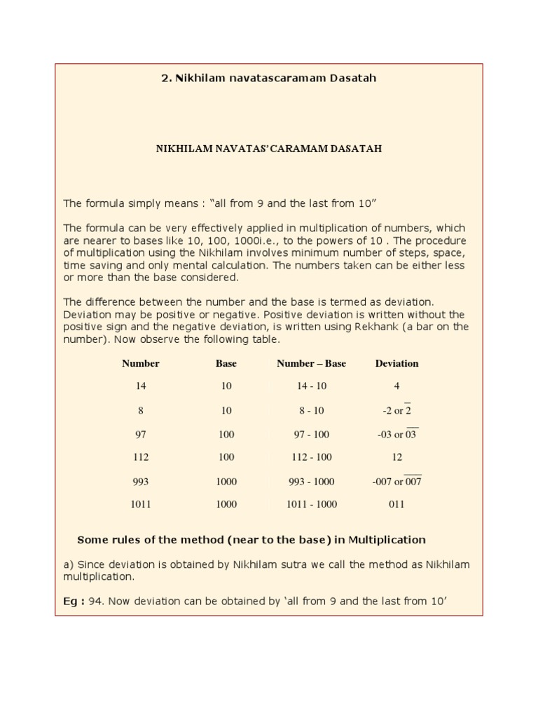 NIKHILAM NAVATAS'CARAMAM DASATAH - Vedic Multiplication | PDF ...