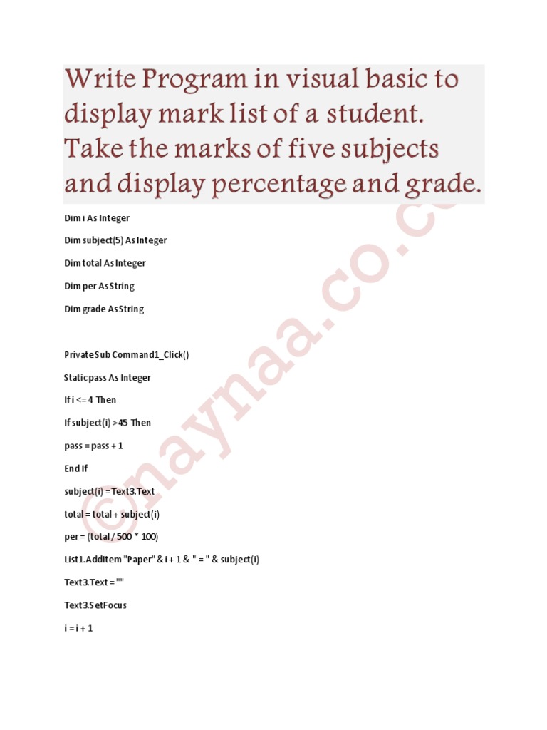 Write Program in Visual Basic To Display Mark List of A Student | PDF ...