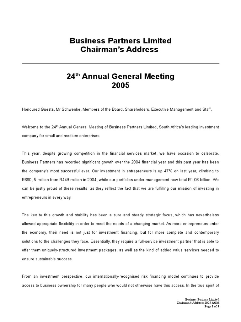 Chairman's Address 2005 050628 | PDF | Entrepreneurship | Investing