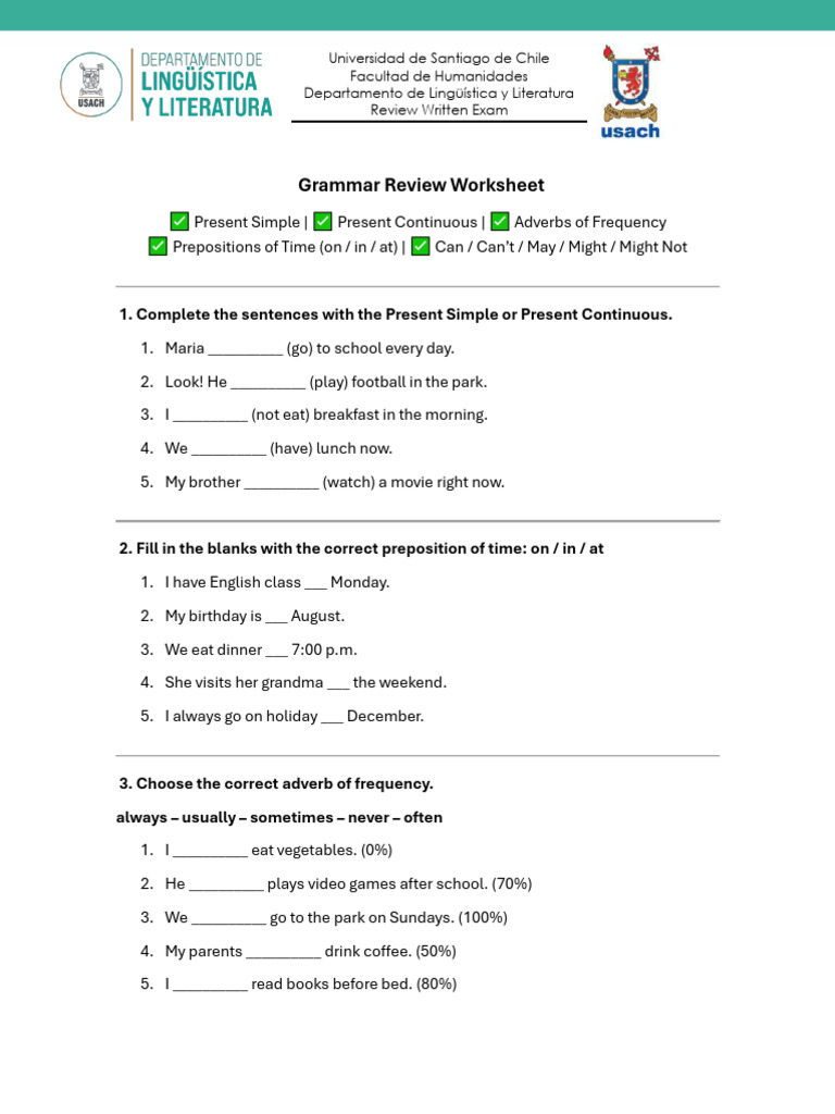 Grammar Review Worksheet | PDF