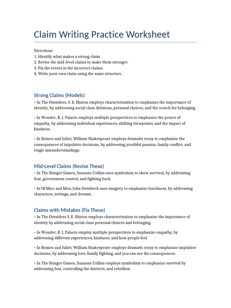 Claim Writing Worksheet | PDF