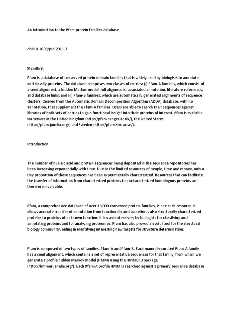 An Introduction To The Pfam Protein Families Database | PDF | Sequence ...