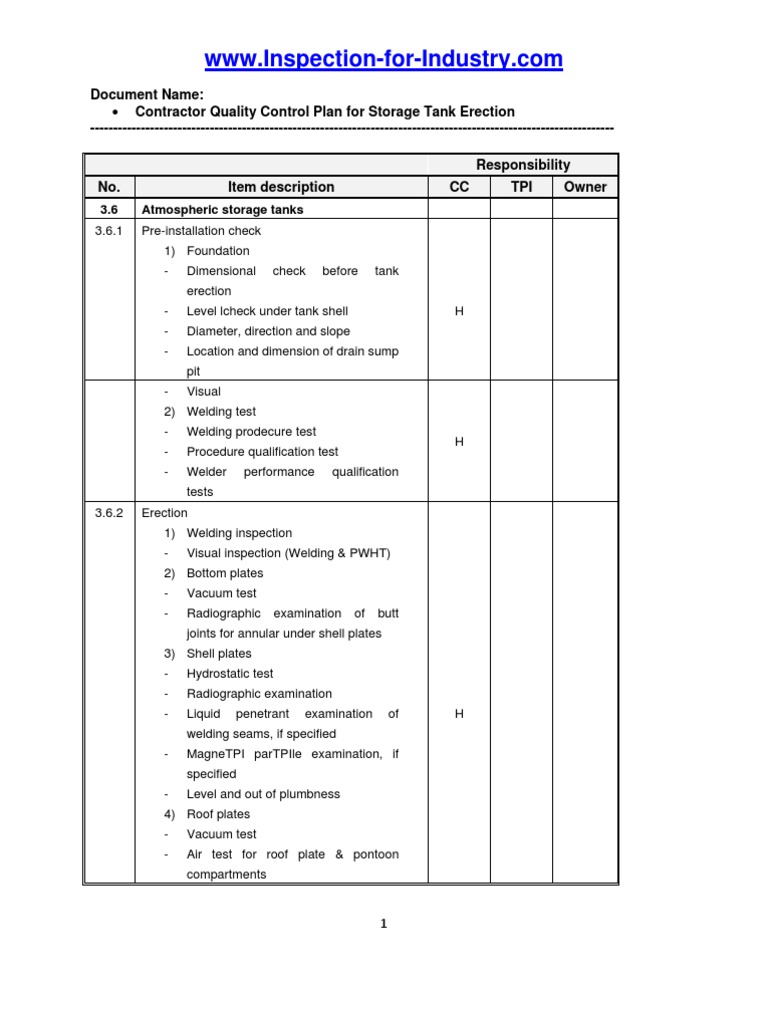 Contractor Quality Control Plan For Storage Tank Erection | PDF