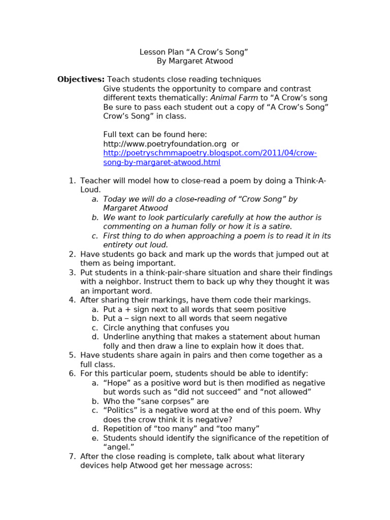 a-crows-song-by-margaret-atwood-lesson-plan | PDF