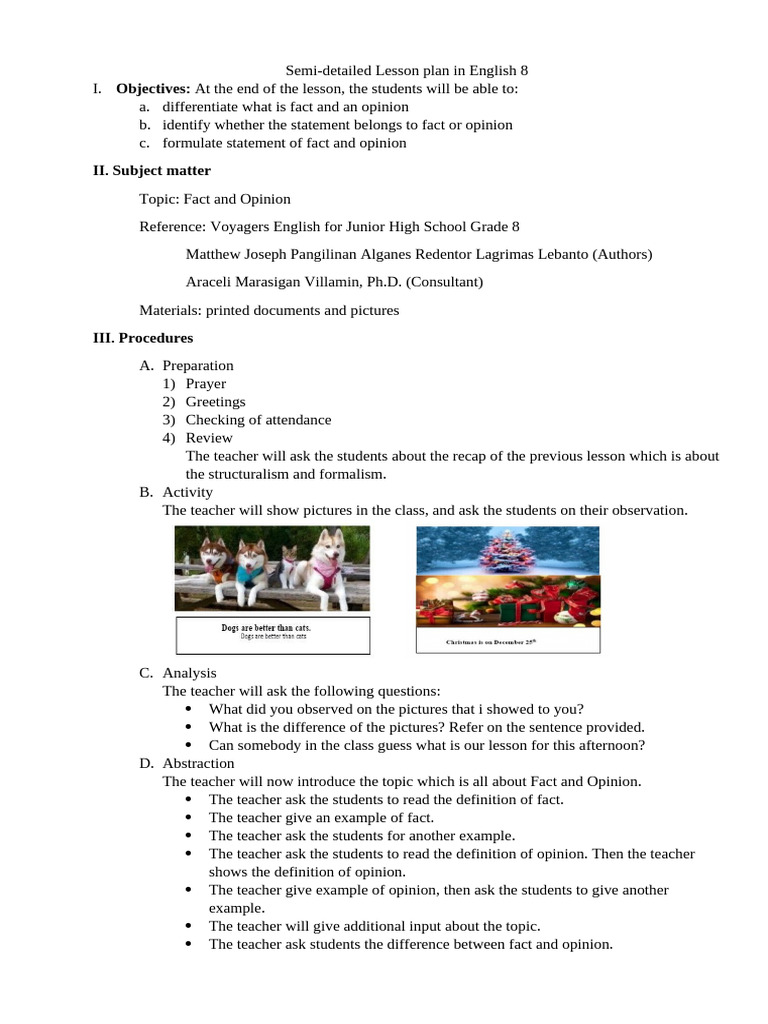 Lesson Plan 8 FACTS and OPINION | PDF | Teachers