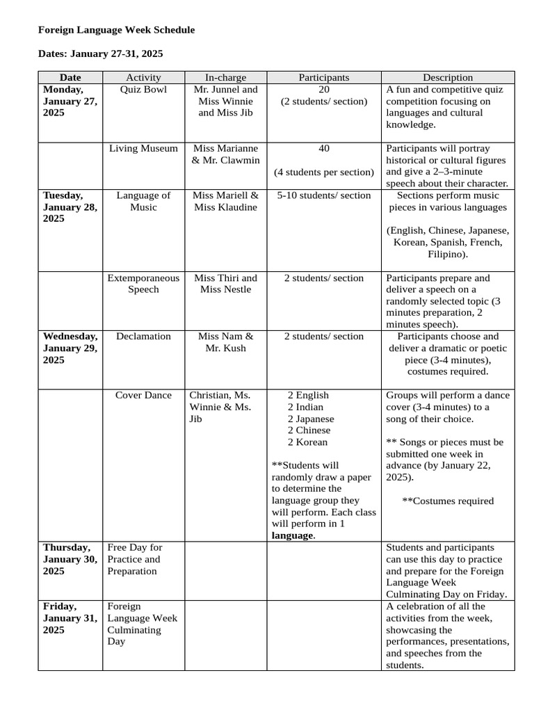 Foreign Language Week Schedule Final | PDF