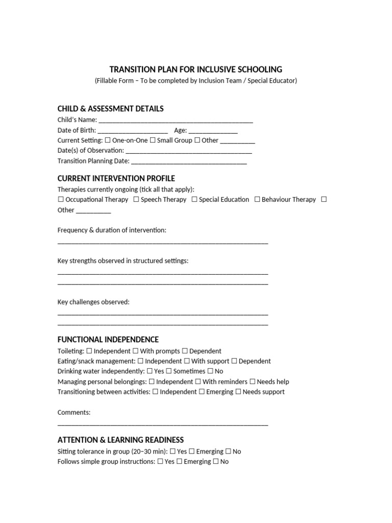 Detailed Fillable Transition Plan Inclusive Schooling | PDF | Emotional ...