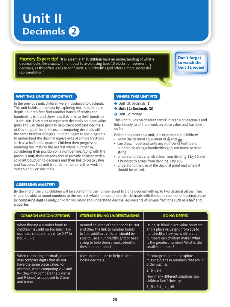 y4 Unit 11 Decimals | PDF | Decimal | Numbers