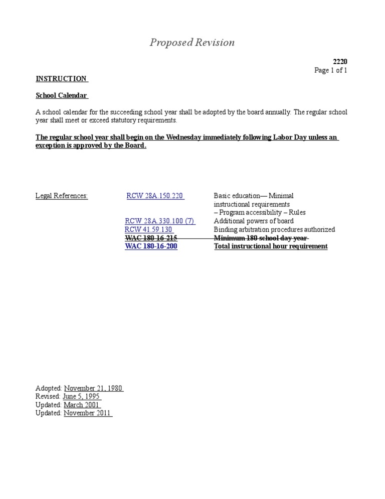 Policy 2220 - School Calendar (Proposed Revision) | PDF